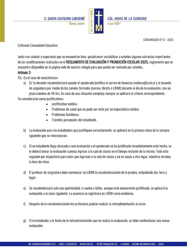 Comunicado N°13 - 2025 Cambio Al Reglamento de Evaluación 2025 | PDF