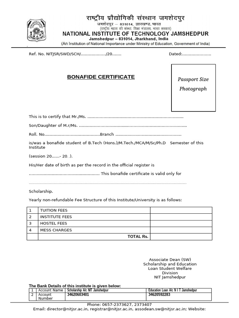 NIT JSR Bonafide Certificate With Fee | PDF