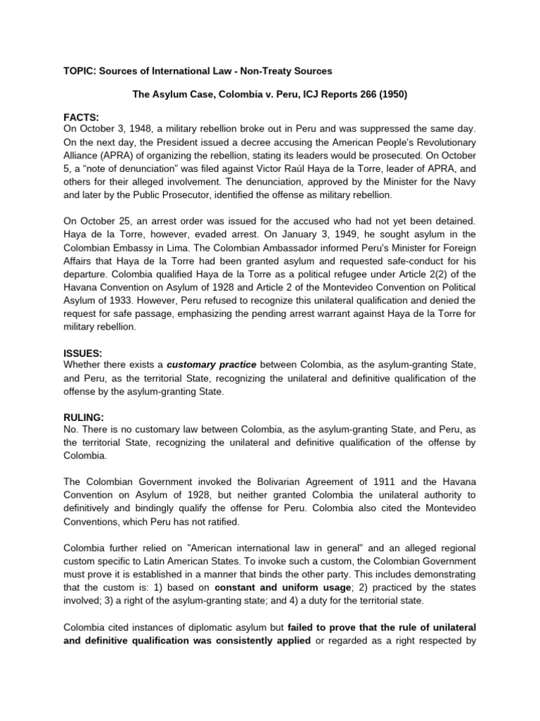 1 - The Asylum Case, Colombia v. Peru | PDF | Right Of Asylum | Colombia