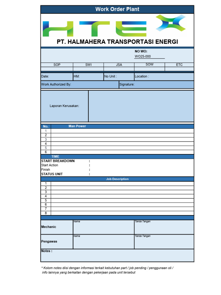 Format Formulir Work Order | PDF
