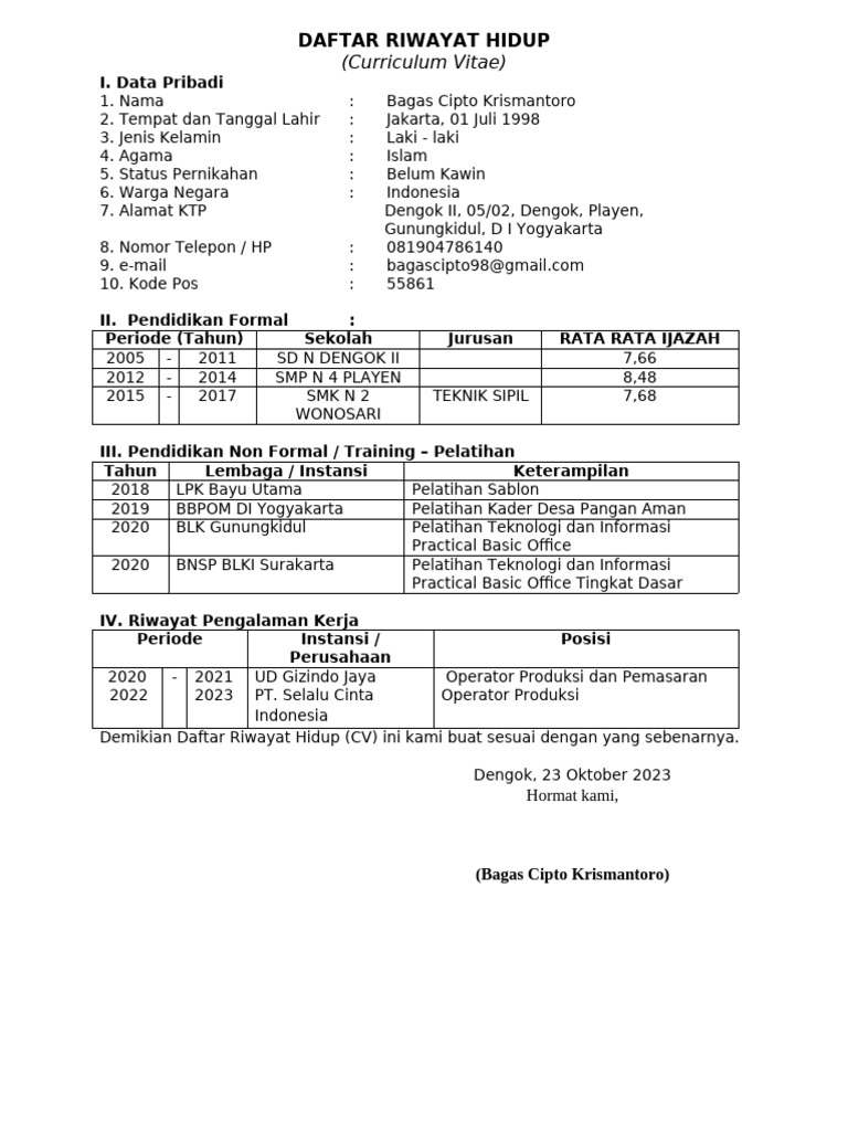 Daftar Riwayat Hidup | PDF