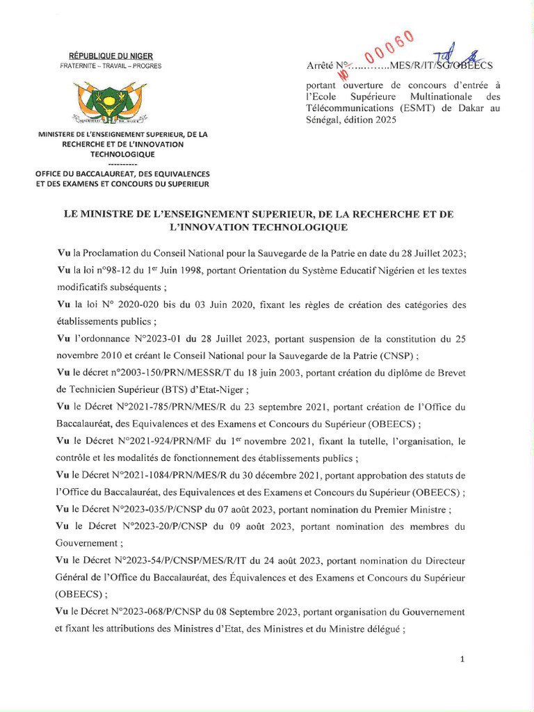 Arrêté d'ouverture du concours d'entrée à l'ESMT | PDF
