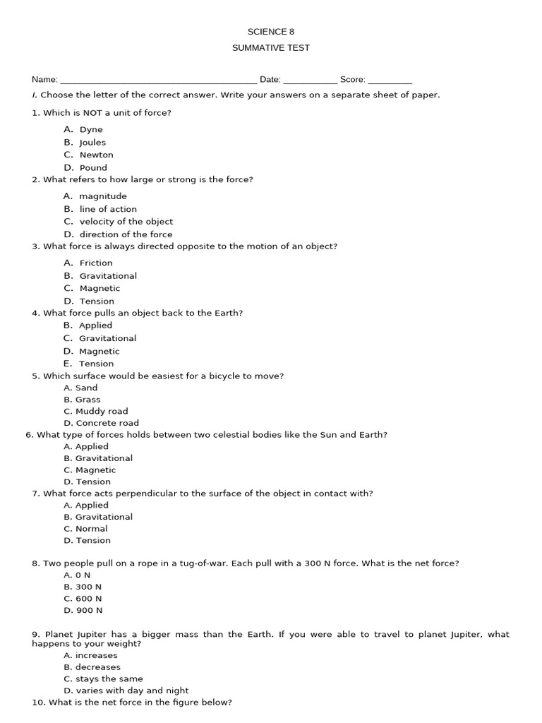 Science 8 Summative Test on Forces and Energy | PDF | Force | Mass