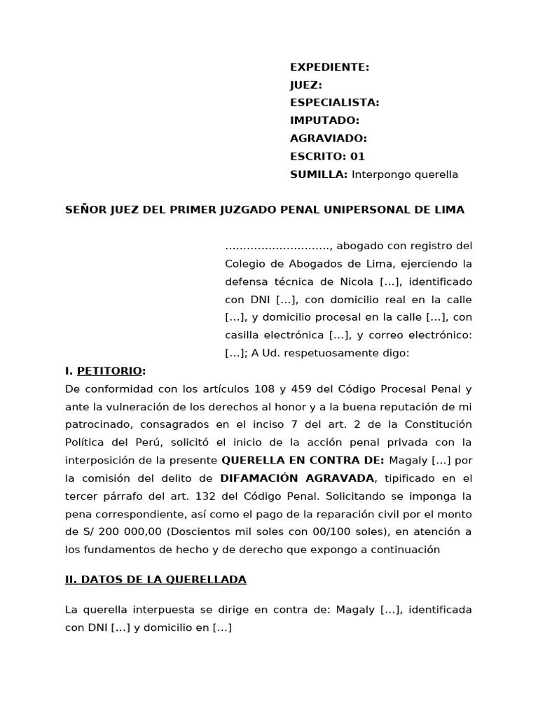 MODELO de Escrito de QUERELLA Por Difamacion y Calumnia | PDF | Queja | Daños y perjuicios