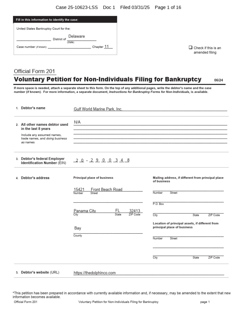 Gulf World Marine Park Bankruptcy Petition | PDF | Chapter 11 | Bankruptcy