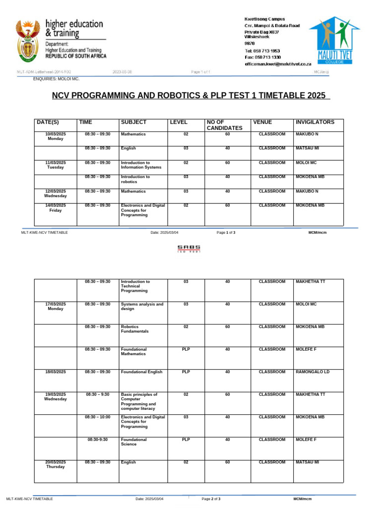 2025 NCV & PLP Test 1 Timetable | PDF