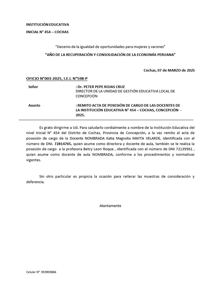 Oficio 003 - Posesión de Cargo Cochas | PDF