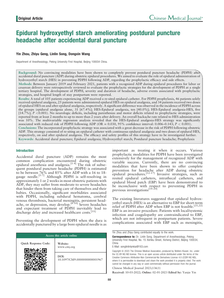 Epidural hydroxyethyl starch ameliorating postdural | PDF | Pain ...