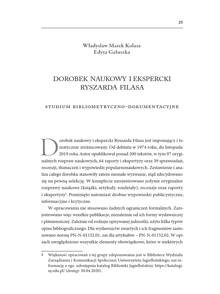 Kolasa Galuszka Dorobek Naukowy I Ekspercki Ryszarda Filasa 2020 | PDF