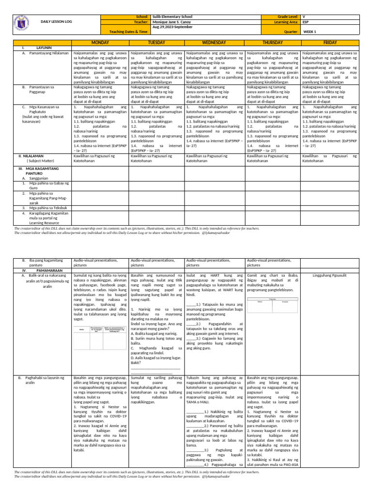 DLL - Esp 5 - Q1 Week 1 7 | PDF