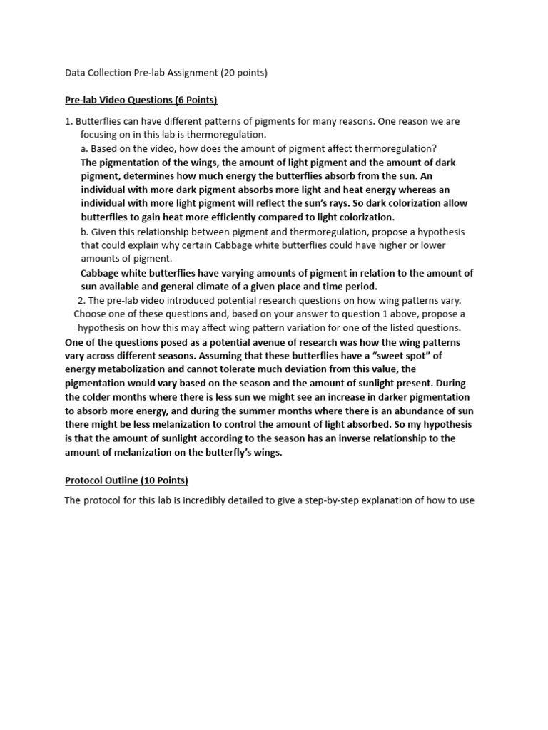 Data Collection Pre-lab Assignment | PDF | Pigment | Thermoregulation