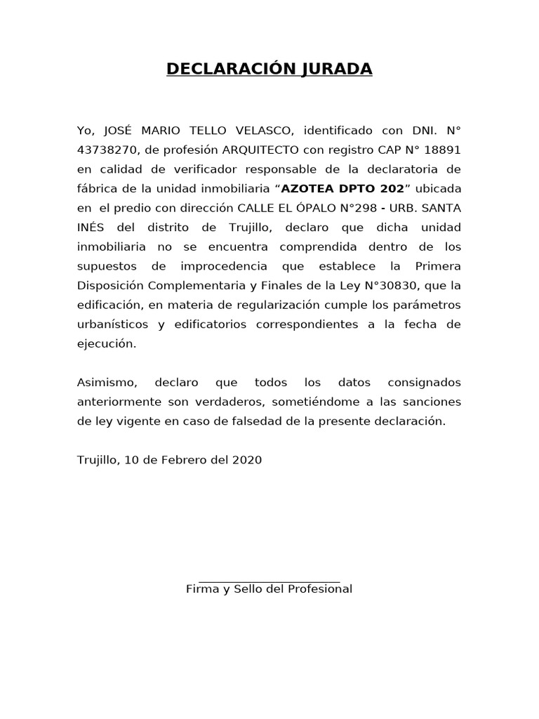 Decl. Jurada de No IMprocedencia | PDF