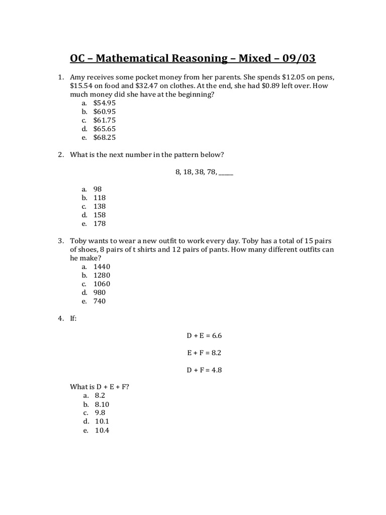 Math Reasoning Practice Questions | PDF