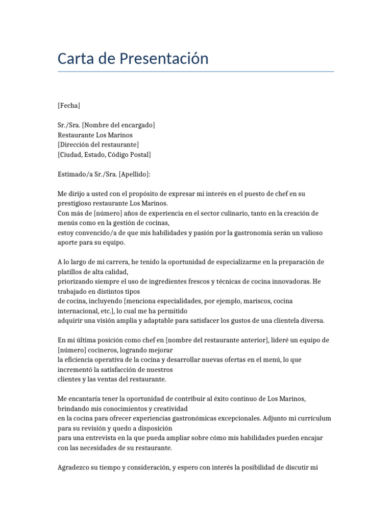 Carta Presentacion Chef Los Marinos | PDF