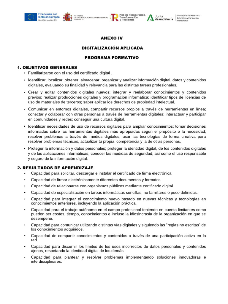 Anexo IV - Programa Formativo Digitalización Básica Transversal 2025 | PDF | Información | Valores