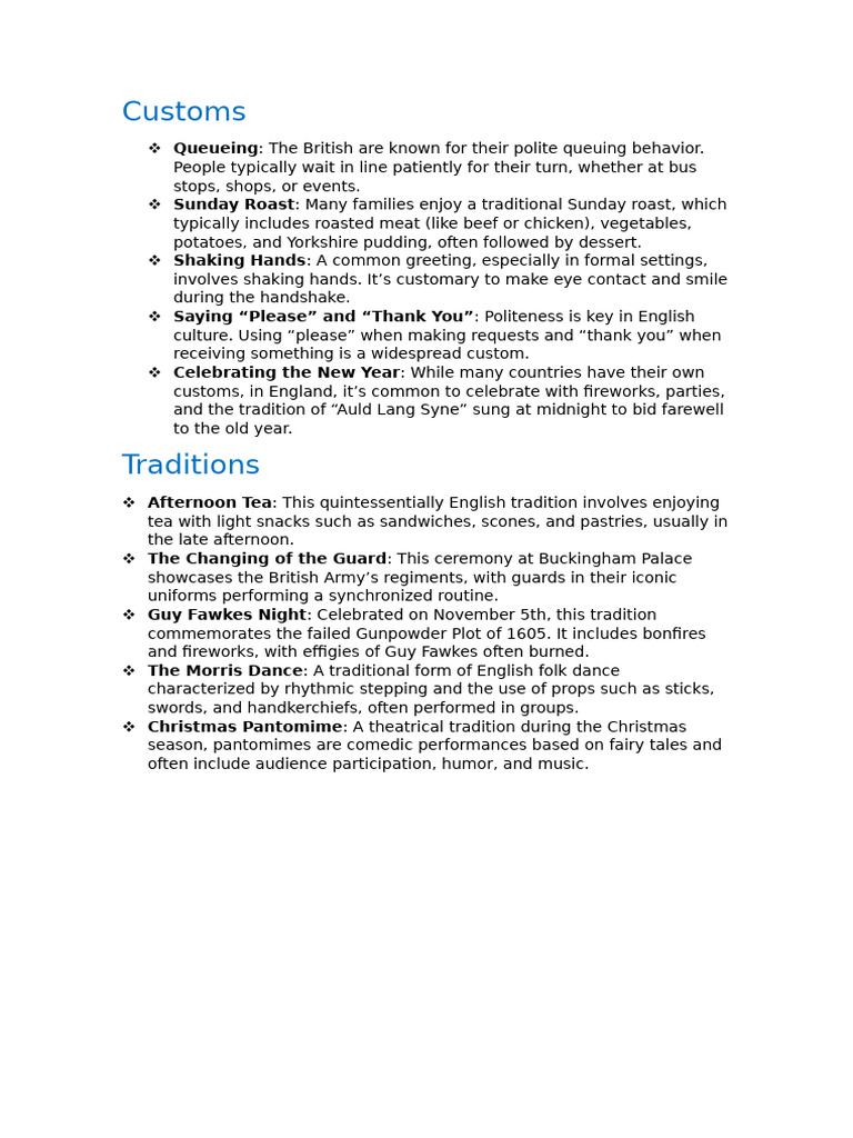 Key Customs and Traditions in England | PDF