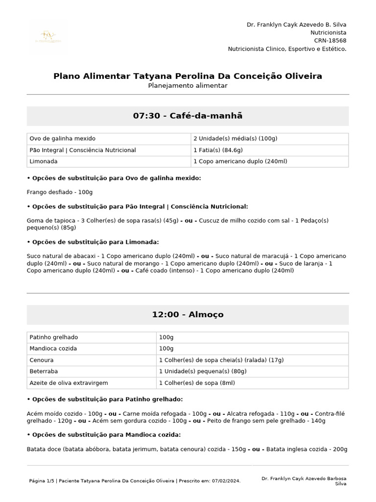 Plano Alimentar - Tatyana Perolina Da Conceição Oliveira | PDF | Alimentos