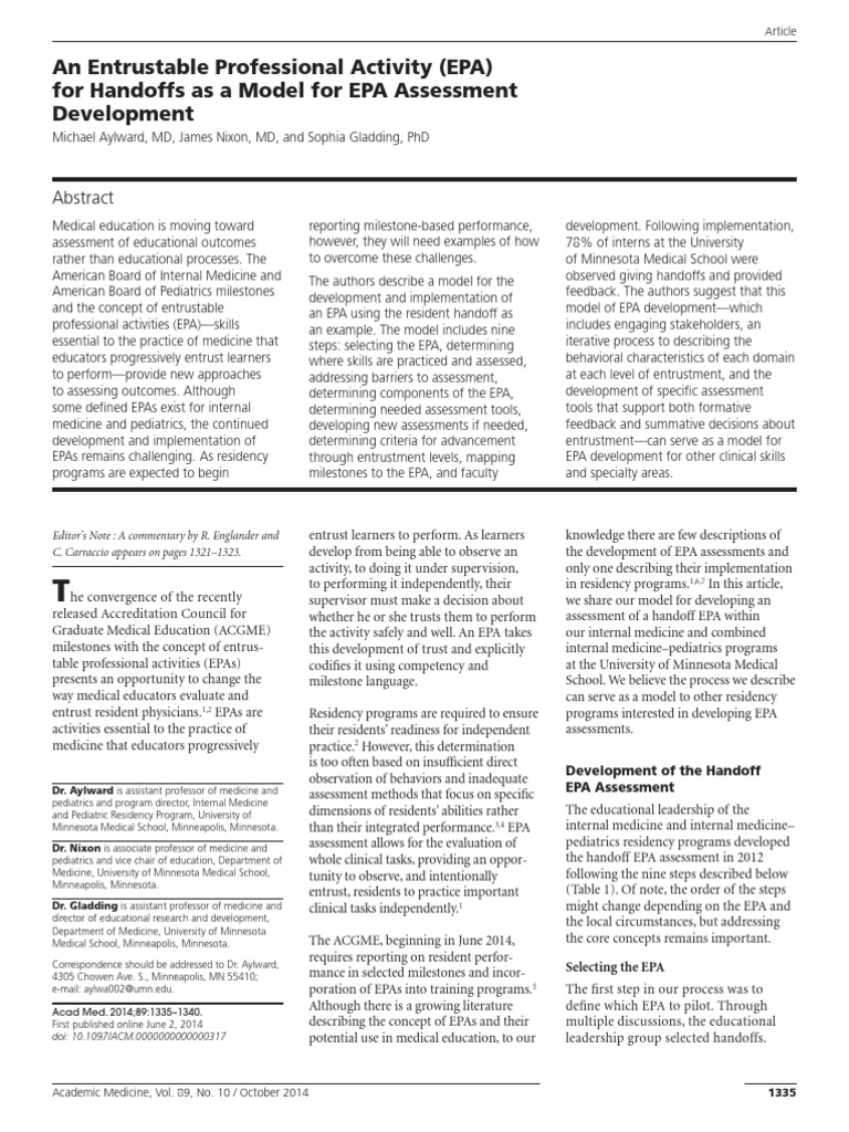 An Entrustable Professional Activity (EPA) for Handoffs as a Model for ...