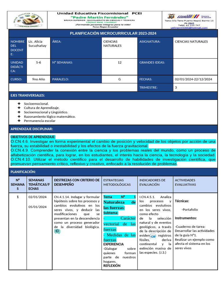 PLANIFICACIÓN MICROC.-CC.NN-9-IIIT-ALICIA SUCUZHAÑAY | PDF | Evolución | Entorno natural