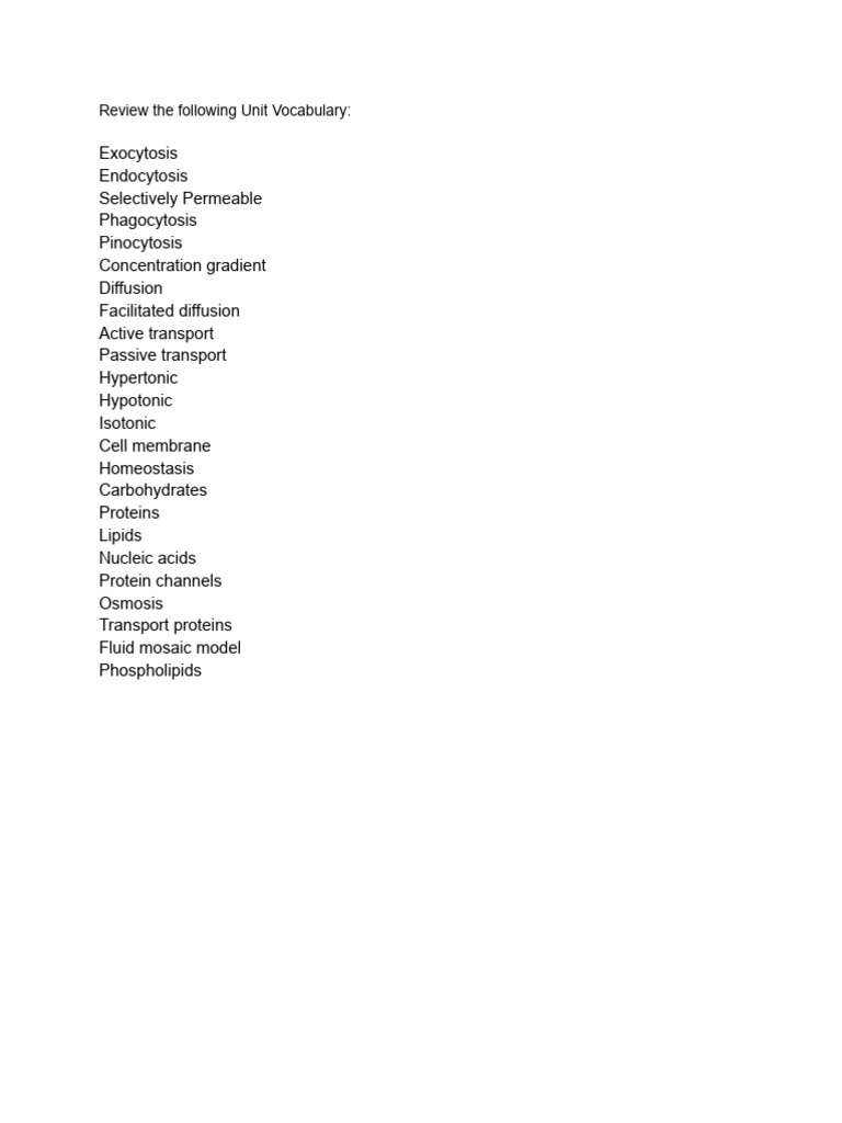 Cell Membrane and Transport Unit Vocabulary | PDF
