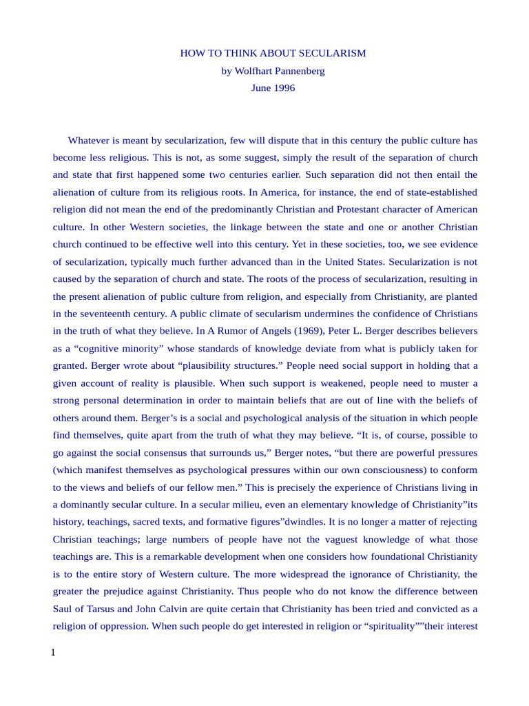 HOW TO THINK ABOUT SECULARISM by Wolfhart Pannenberg | PDF | Secularism | Faith