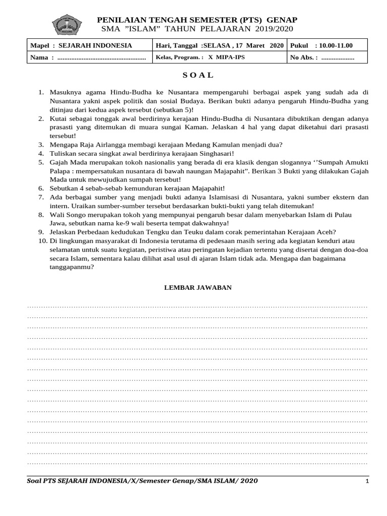 Kop Soal PTS Sejarah Indonesia Kelas X | PDF