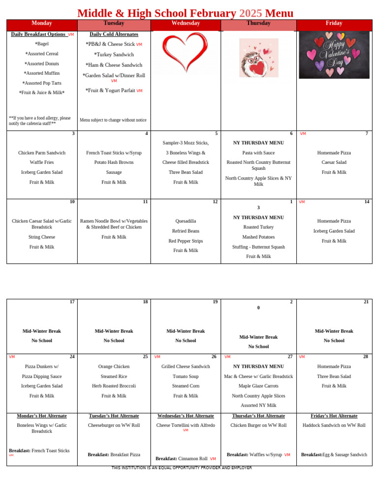 February 2025 School Menu Guide | PDF | Salad | Pizza