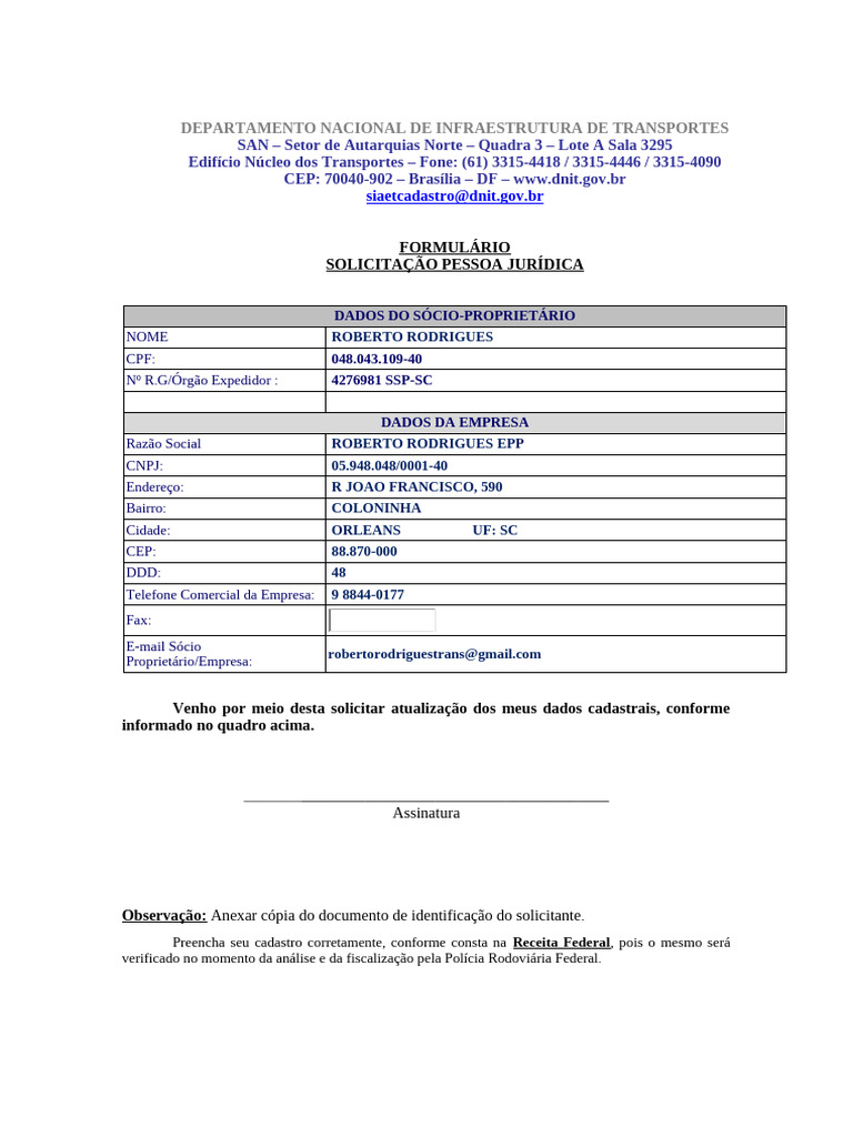 Solicitação de Atualização Cadastral DNIT | PDF