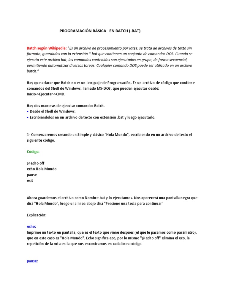Programación Básica en Batch (Bat) | PDF | Software de Microsoft | Equipo de oficina