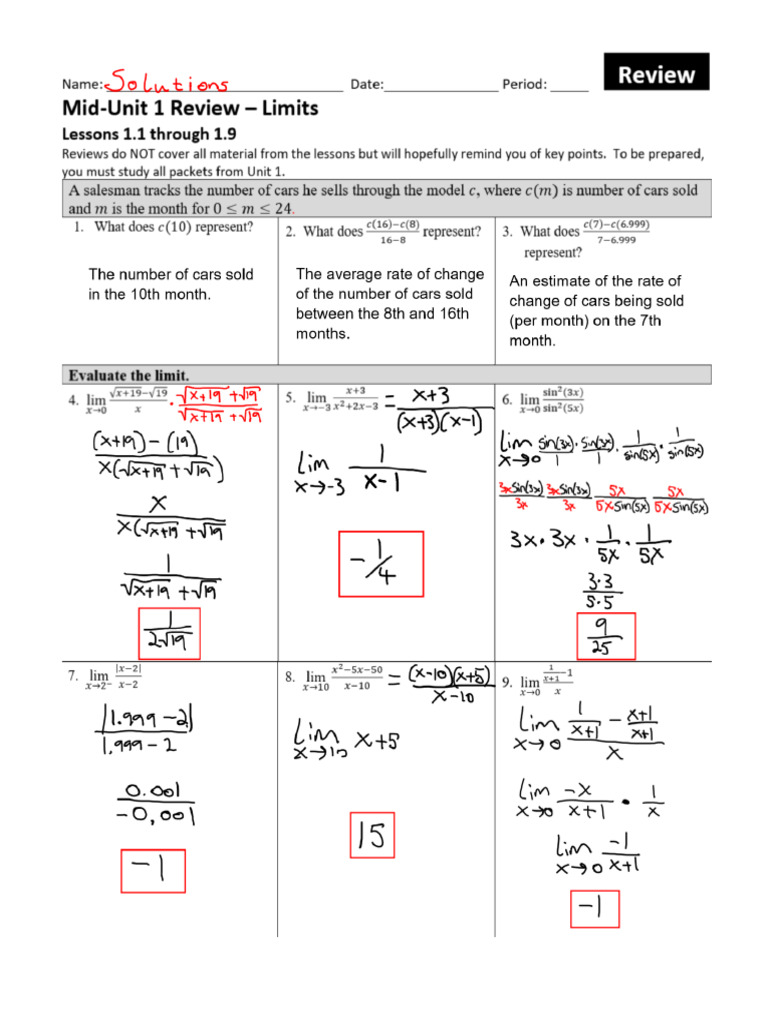 Calc Mid-Unit 1 Review Solutions | PDF