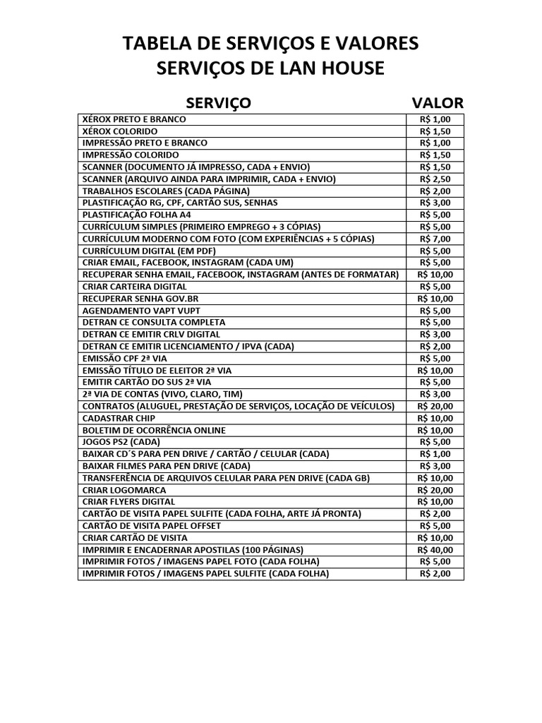 Tabela de Preços de Serviços Lan House | PDF