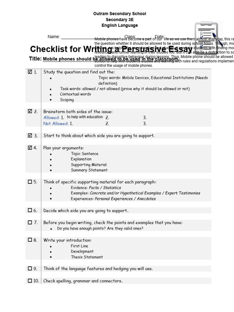 Checklist For Writing A Persuasive Essay: Title | PDF | Argument ...