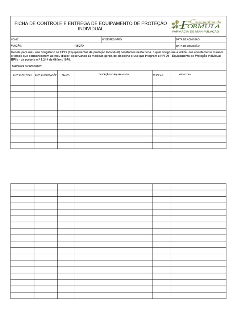 ficha de controle EPI | PDF