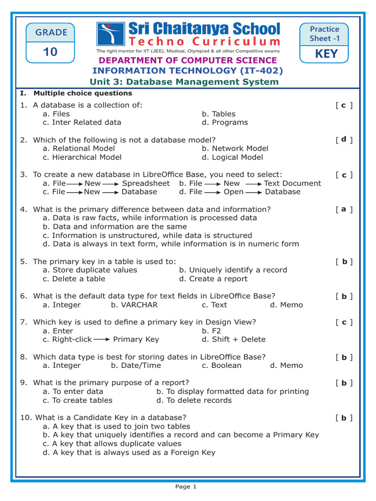 Grade X IT Part B-Unit 3-Practice Sheet 1 Key | PDF | Databases | Table (Database)