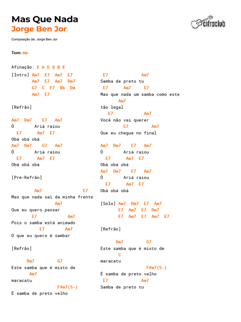 Cifra Club - Jorge Ben Jor - Mas Que Nada | PDF | Músicas americanas | Singles (música)