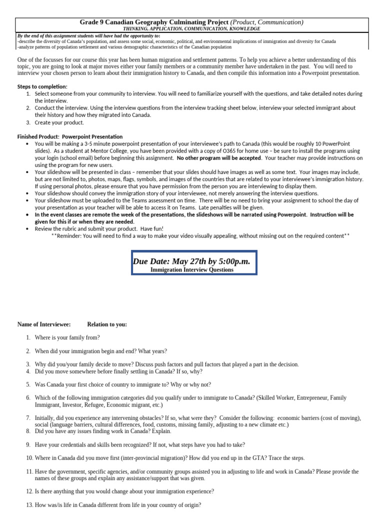 Final Culminating Task - Immigration Story (ISU) | PDF | Immigration ...