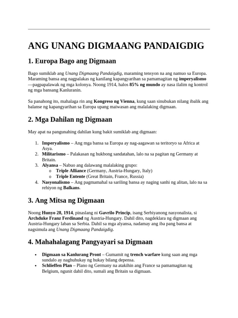 Ang Unang Digmaang Pandaigdig Reviewer | PDF