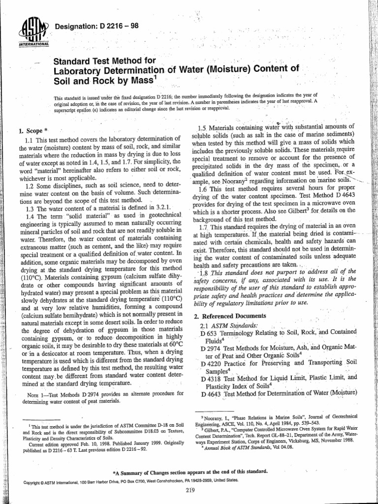 ASTM D 2216-98 STD TEst Method For Lab Determination of Wat | PDF