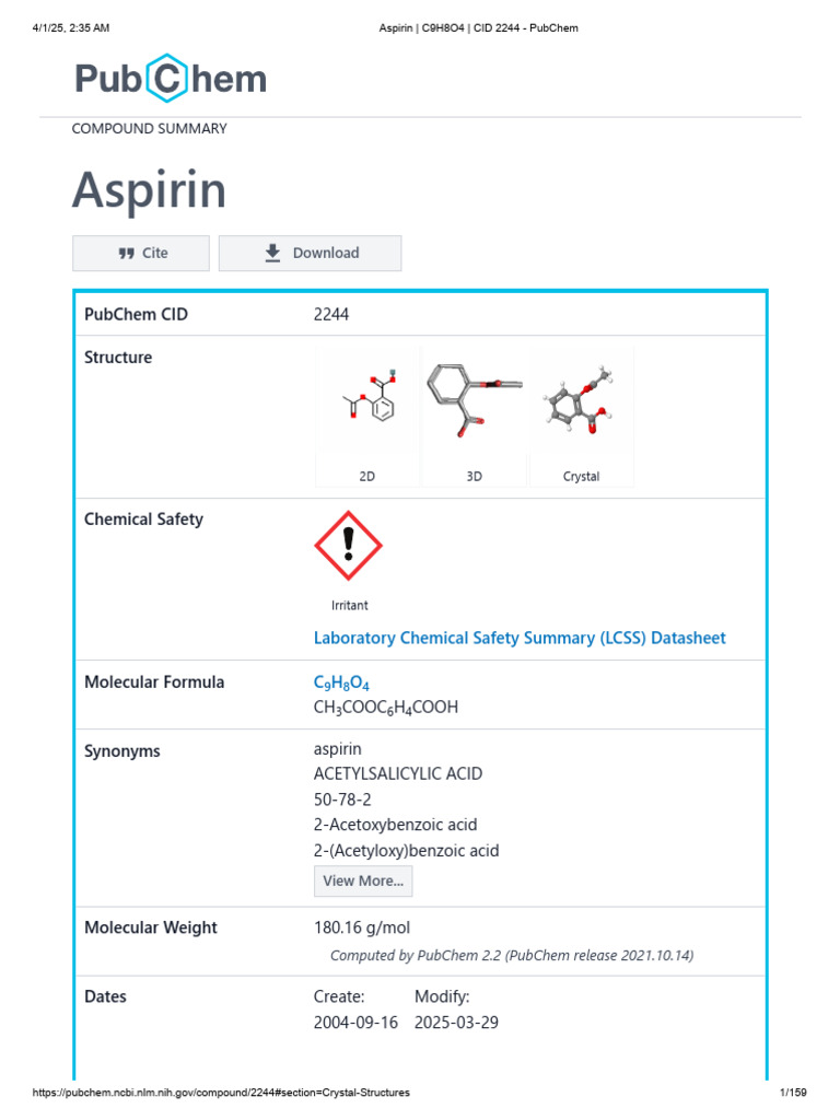 Aspirin _ C9H8O4 _ CID 2244 - PubChem | PDF
