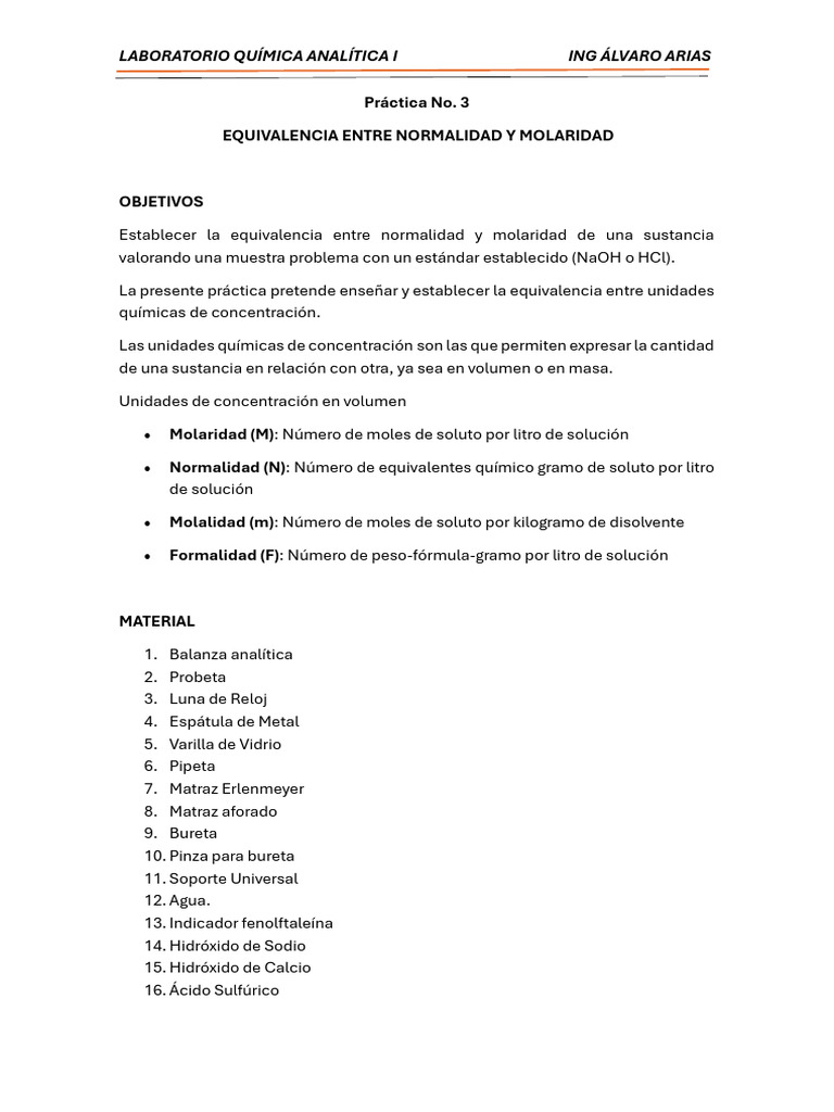 Práctica No3 EQUIVALENCIA ENTRE NORMALIDAD Y MOLARIDAD | PDF | Concentración | Valoración