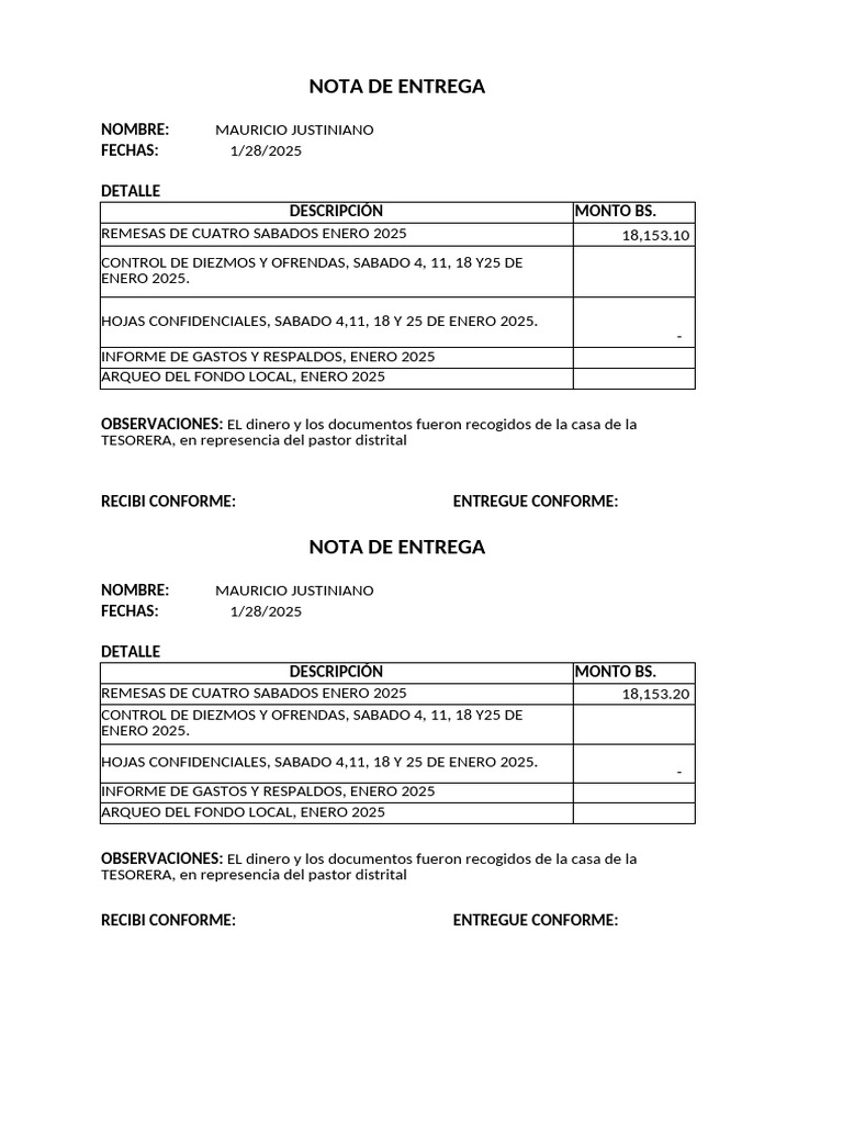 Nota de Entrega de Documentos y Remesas | PDF