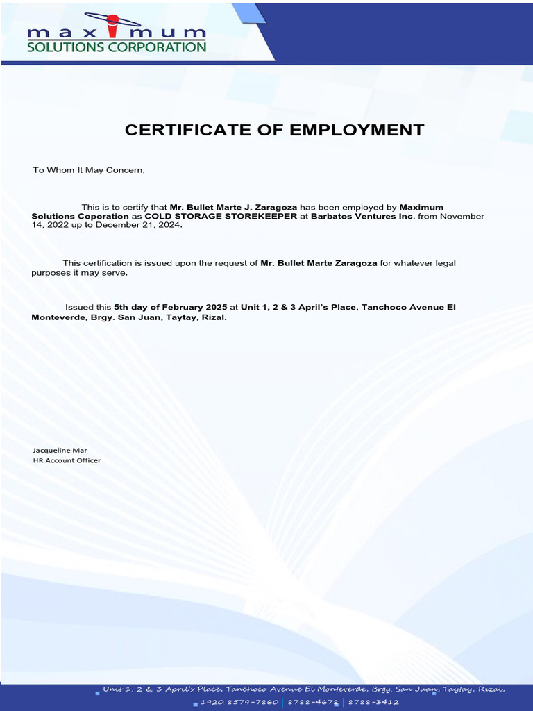 Certificate of Employment: To Whom It May Concern | PDF