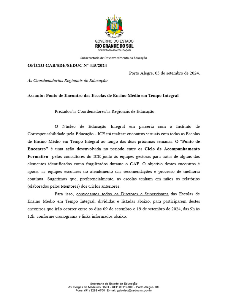 OFICIO 415 2024 - Ponto de Encontro Das Escolas de EMTI (1) | PDF | Brasil