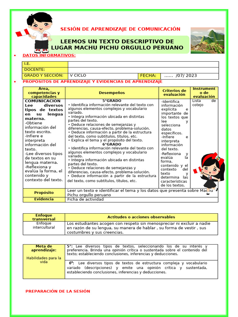 Ses-Lun-Comun-Leemos Un Texto Descriptivo de Lugar Machu Picchu Orgullo ...