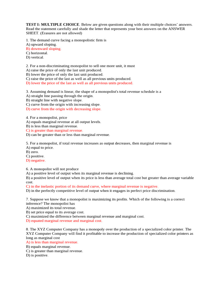 Monopoly Economics Test Questions | PDF | Monopoly | Profit (Economics)