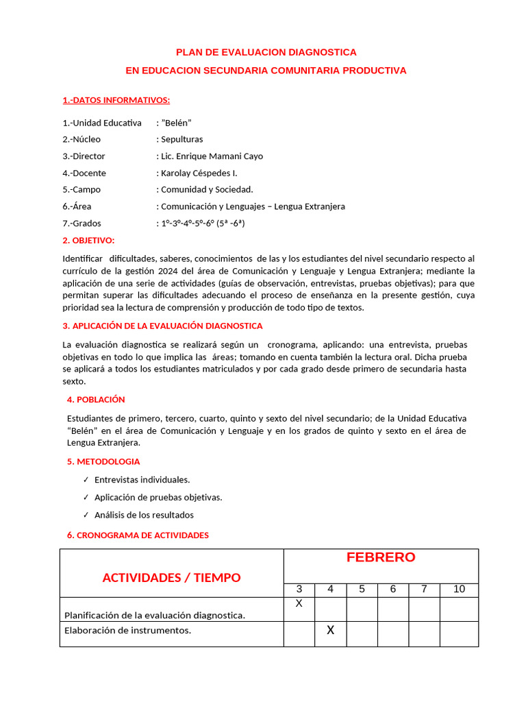 Plan de Evaluacion Diagnostica 2025 | PDF | Evaluación | Segundo lenguaje