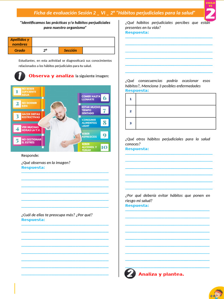 Ficha - Sesión - 2 - U - D - VI - 2° - Hábitos Perjudiciales | PDF