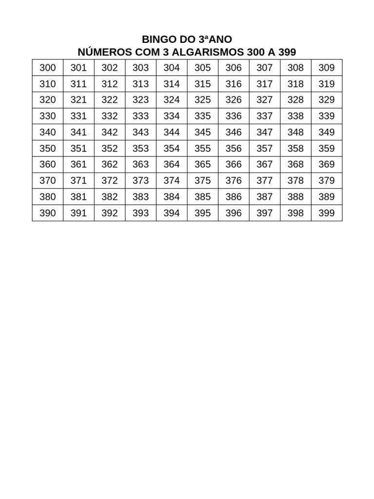 Bingo Do 3 Ano Números Com 3 Algarismos 300 A 399 | PDF