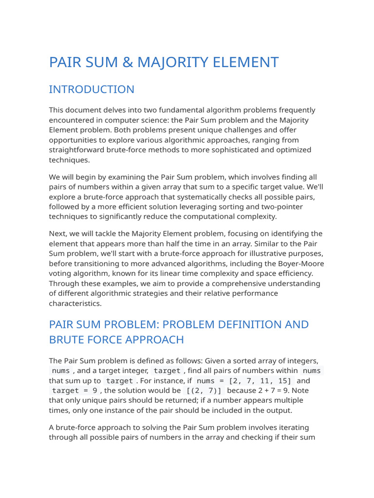Pair Sum & Majority Element | PDF | Time Complexity | Computational Complexity Theory