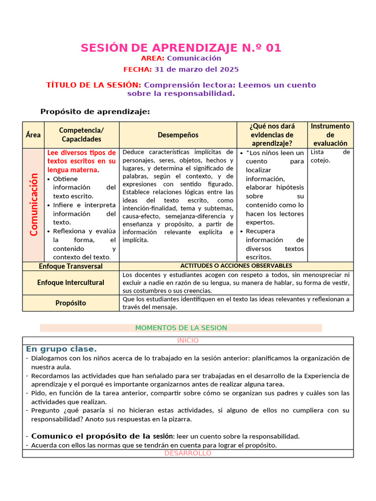 Comprensión Lectora Leemos Un Cuento Sobre La Responsabilidad | PDF | Comprensión lectora ...